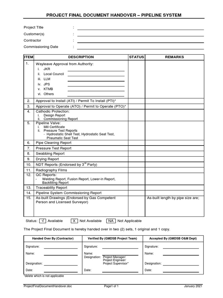 Project Final Document Handover - Pipeline System - January 2021 | PDF