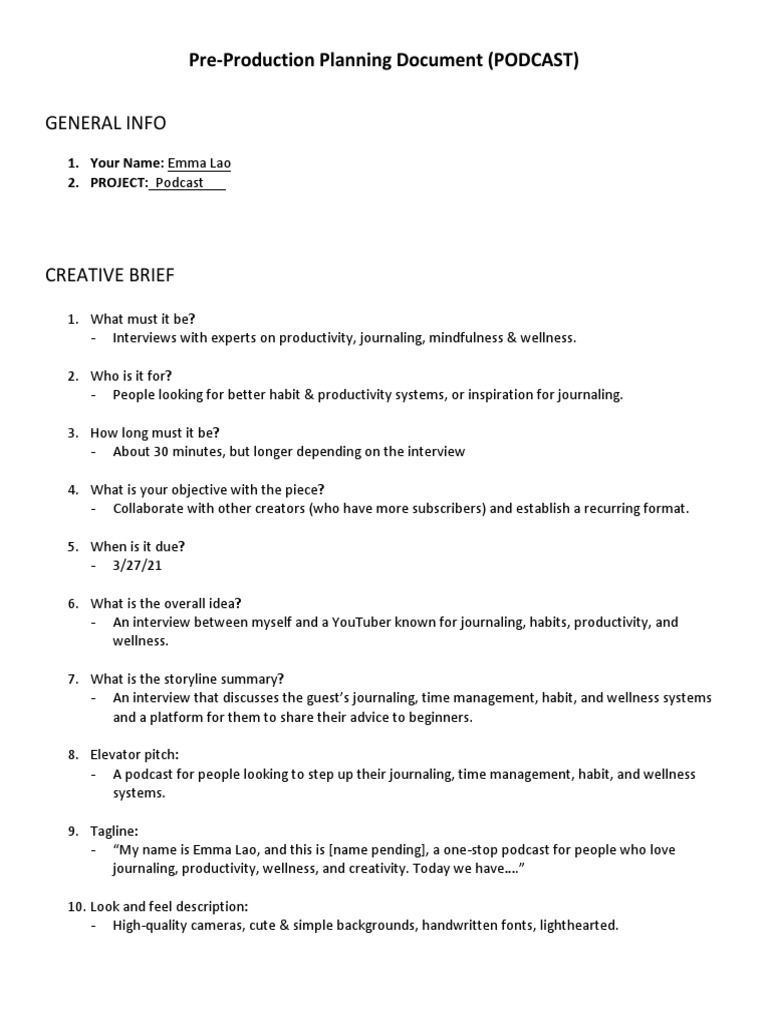 Pre Production Planning Document For Podcast | PDF | Podcast