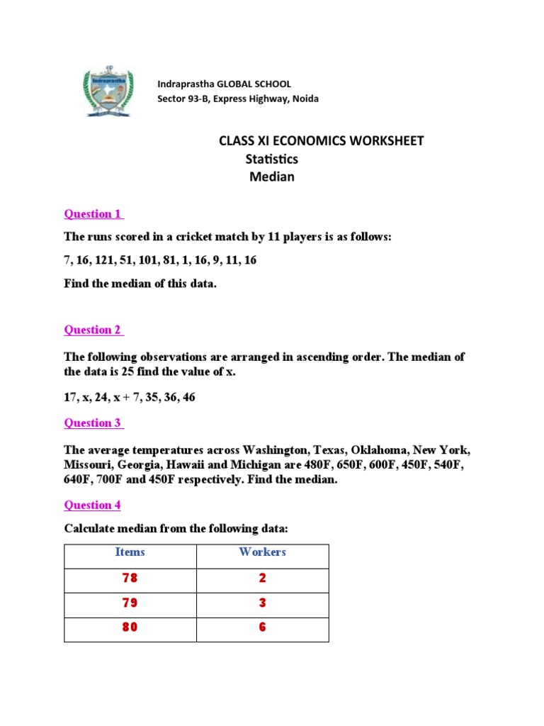 Class Xi Economics Worksheet Statistics Median: Indraprastha GLOBAL ...