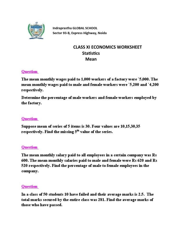 Class Xi Economics Worksheet Statistics Mean: Indraprastha GLOBAL ...