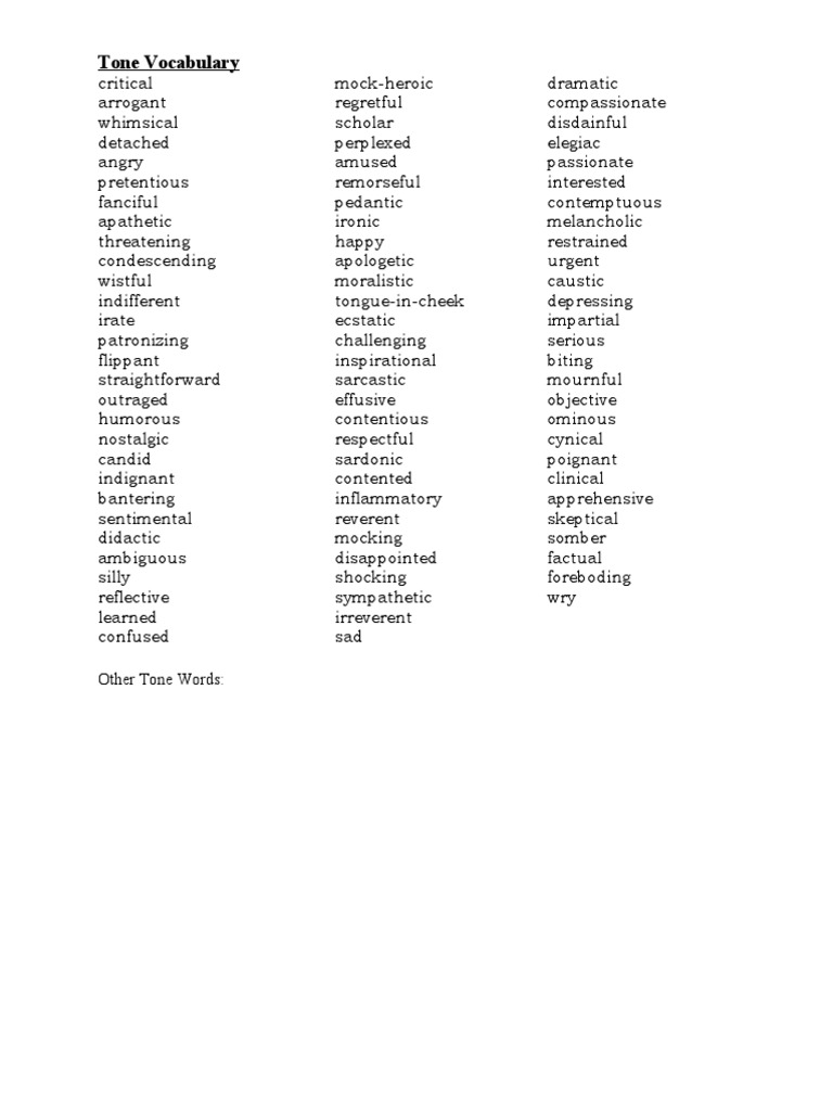 Comprehensive Tone Vocabulary List | PDF