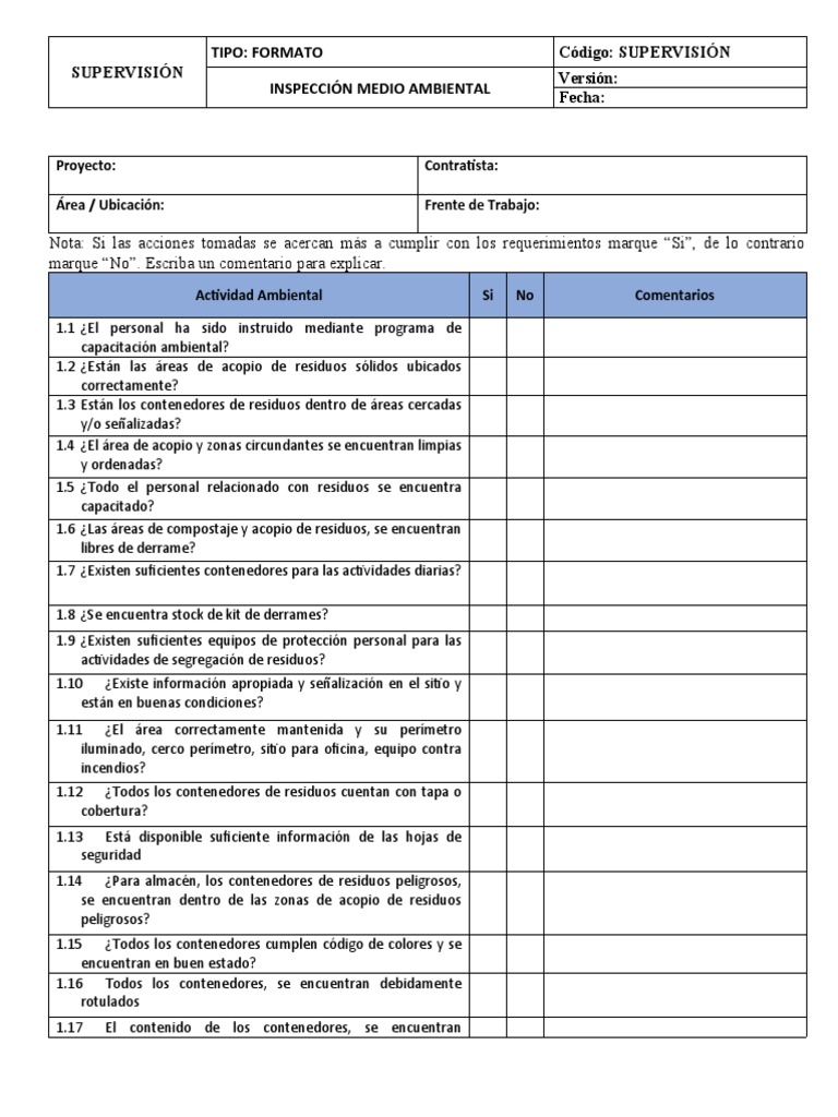 Check List - Inspeccion Medio Ambiental | PDF | Residuos | Impacto humano en el medio ambiente