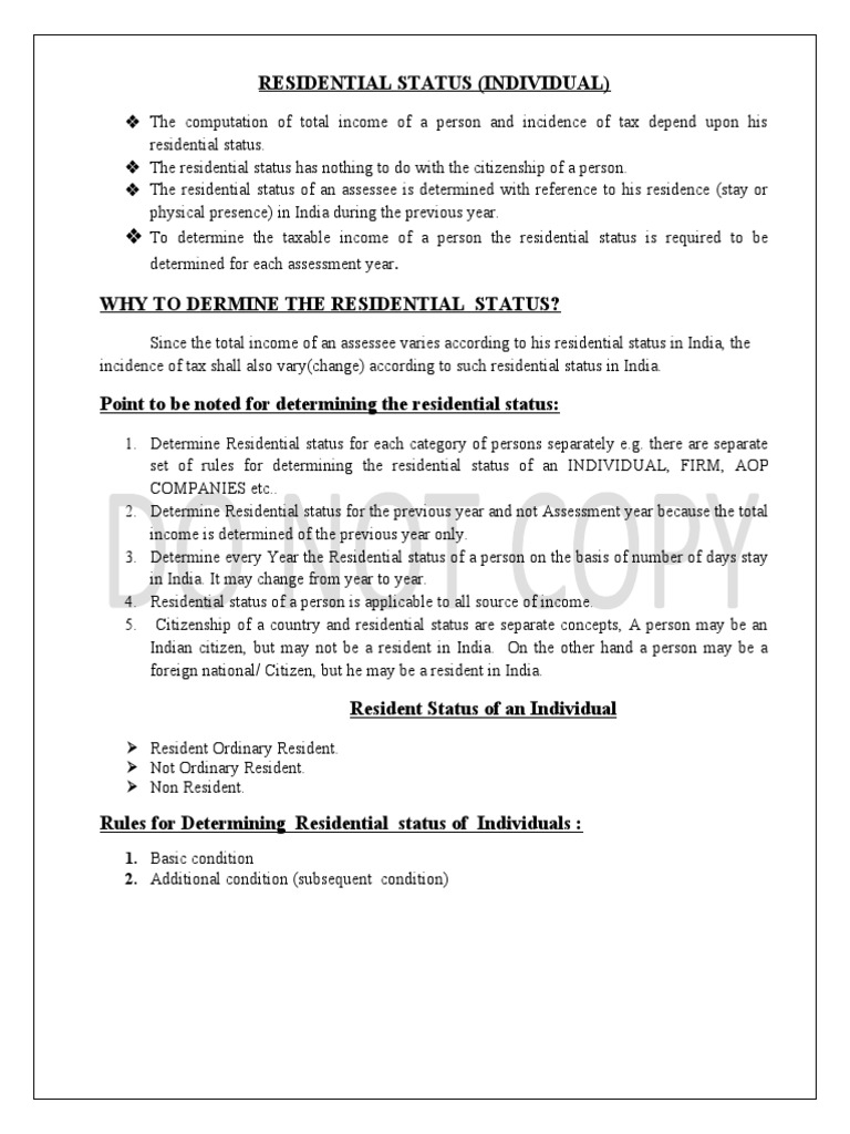 Residential Status (Individual) : 1. Basic Condition 2. Additional ...