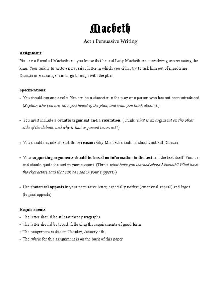 Persuasive Letter Assignment on Macbeth | PDF