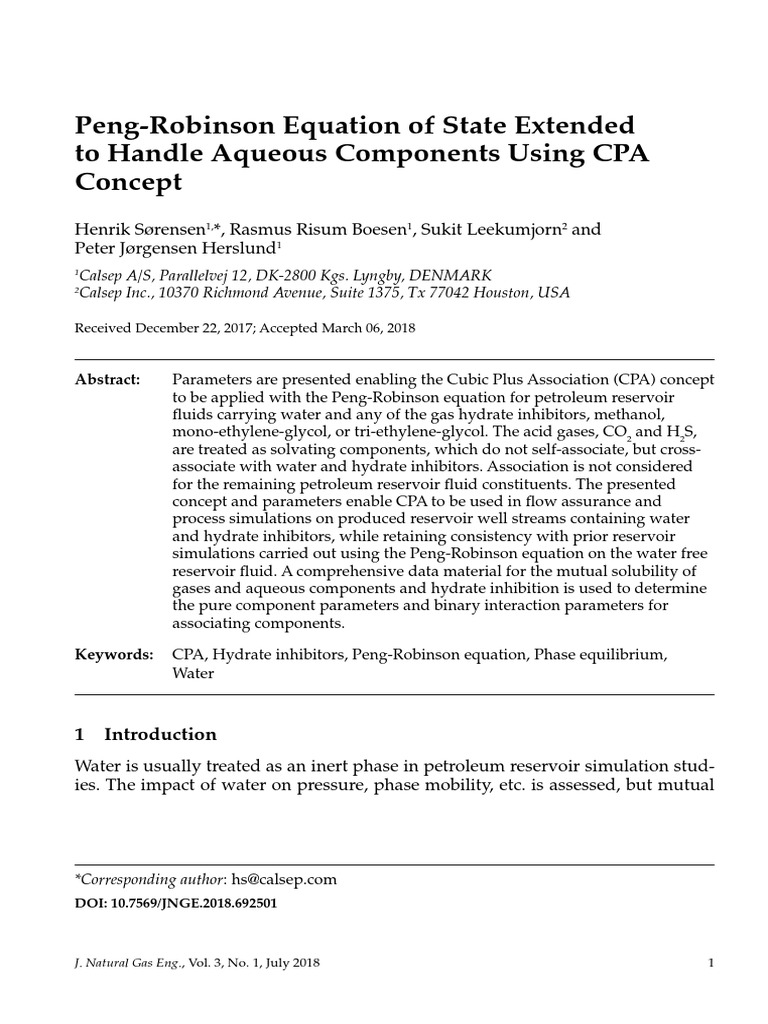 Peng-Robinson Equation of State Extended To Handle Aqueous Components ...