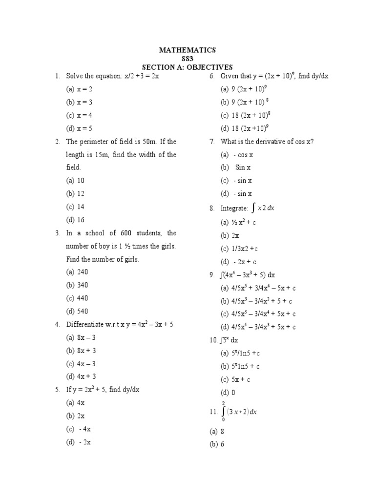 Mathematics SS3 Section A: Objectives | PDF | Logarithm | Mathematical ...