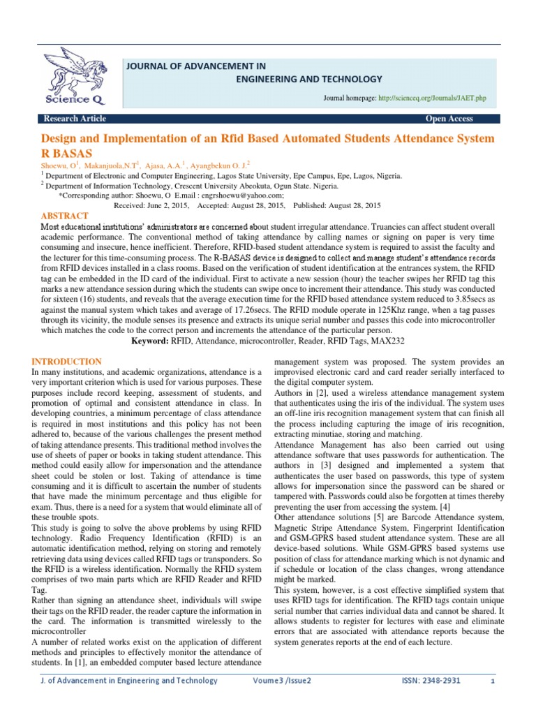 Design and Implementation of An Rfid Based Automated Students Attendance System R Basas | PDF ...