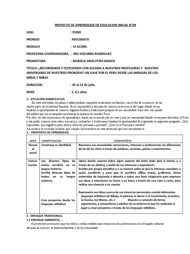 Proyecto De Aprendizaje Julio Pdf Perú Educación De La Primera