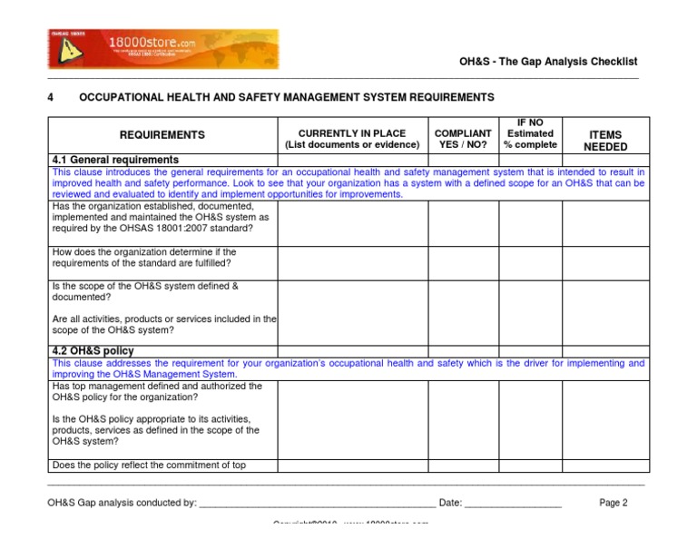 OHSAS 18001 Gap Analysis Checklist | PDF | Occupational Safety And Health | Business