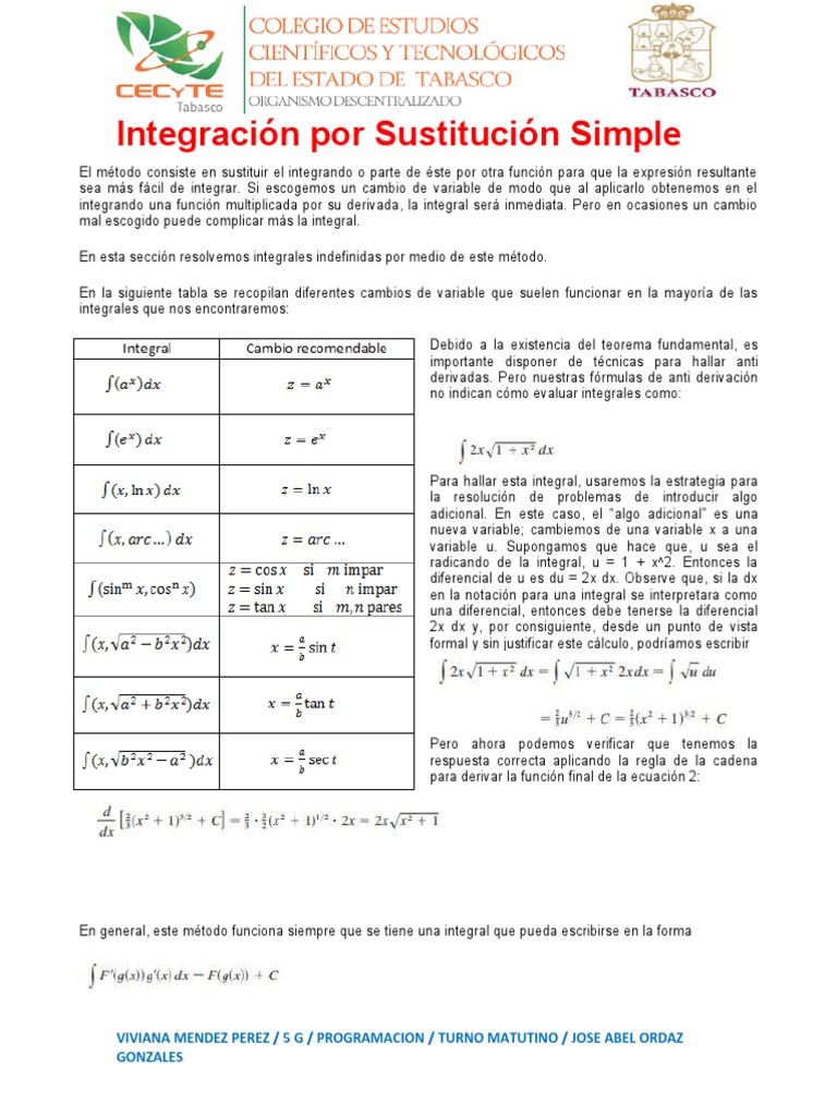 Integración Por Sustitución Simple Pdf Integral Derivado