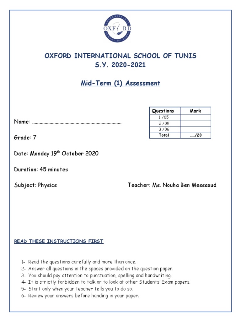 Term 1 Grade 7 Physics Paper | PDF | Light | Reflection (Physics)