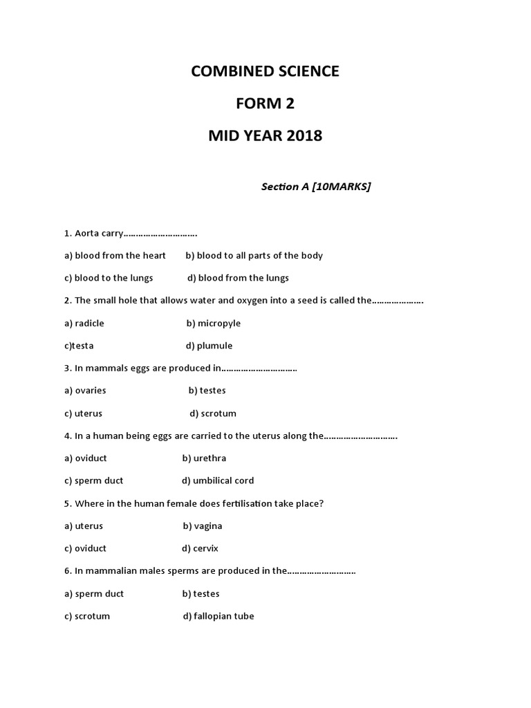 Combined Science Form 2 Mid Year 2018: Section A (10MARKS) | PDF ...