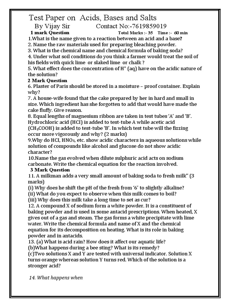 Test Paper On Acids, Bases and Salts: by Vijay Sir Contact No ...