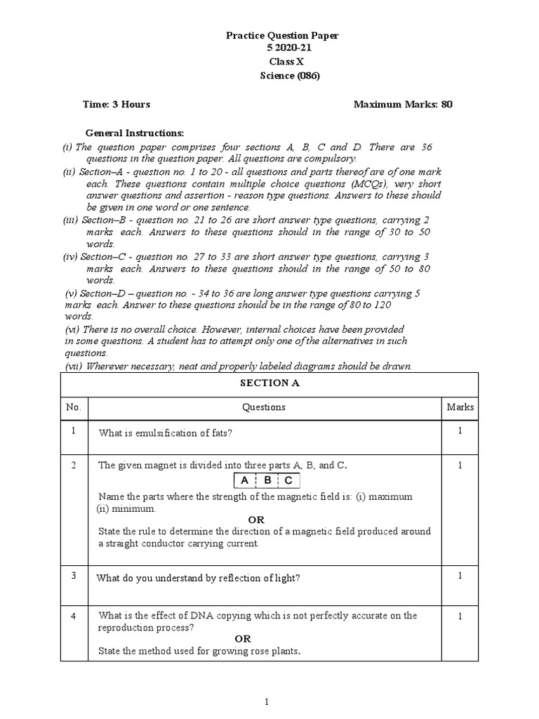 Practice Question Paper 5 2020-21 Class X Science (086) Time: 3 Hours Maximum Marks: 80 General ...