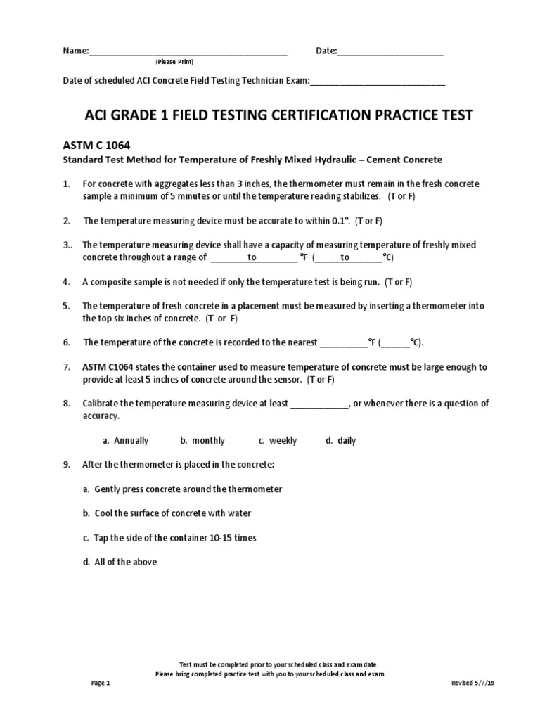 Aci Grade 1 Field Testing Certification Practice Test: ASTM C 1064 ...