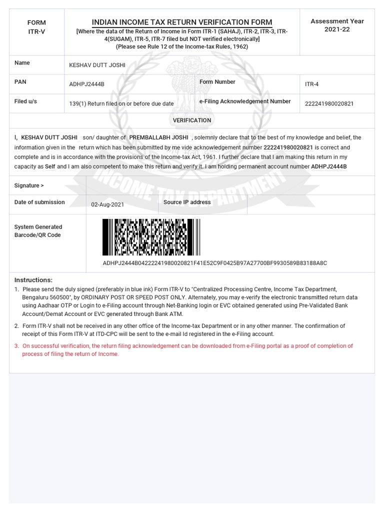 Indian Income Tax Return Verification Form: Form Itr-V Assessment Year ...