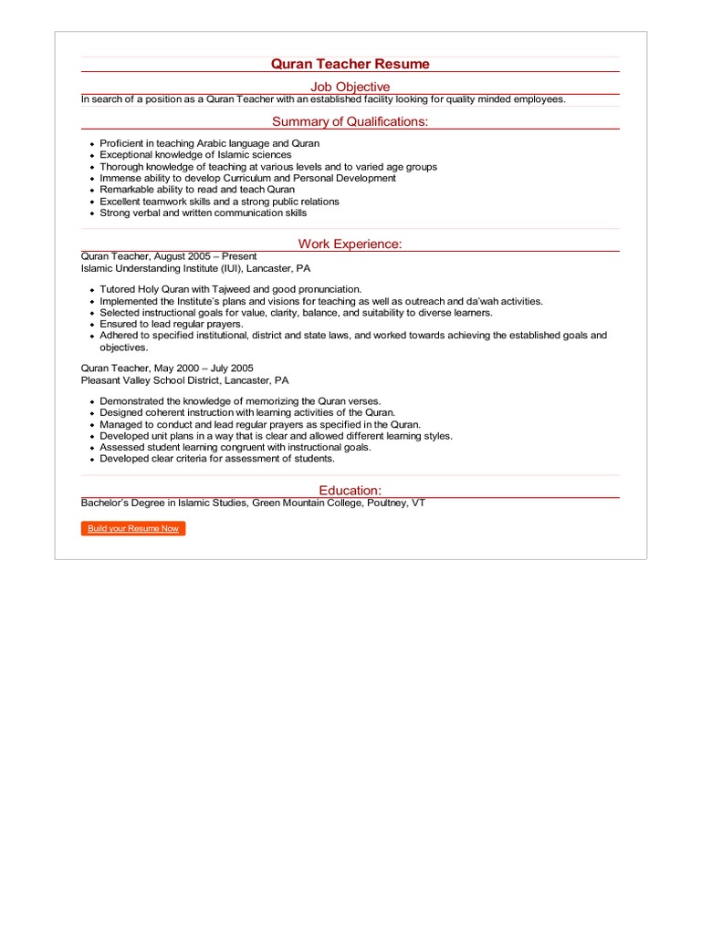Quran Teacher Resume: Job Objective Summary of Qualifications | PDF