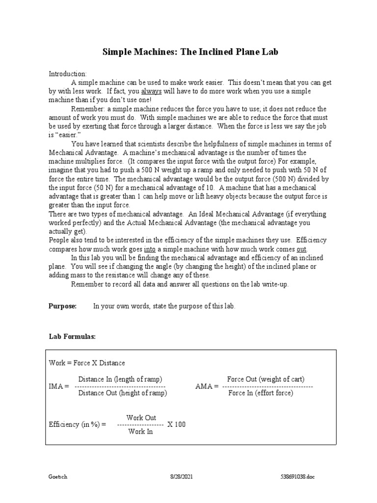 Simple Machines: The Inclined Plane Lab: Purpose | PDF | Equipment ...