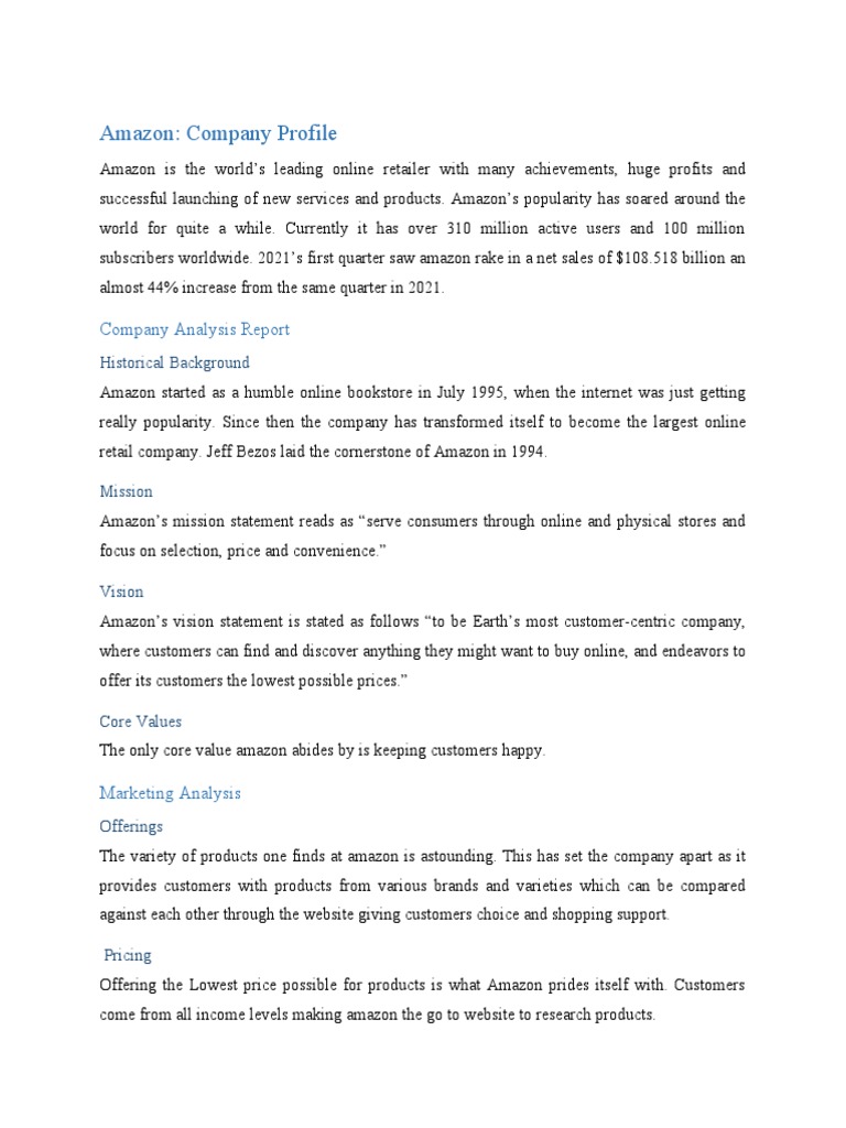 Amazon: Company Profile | PDF | Online Shopping | Retail