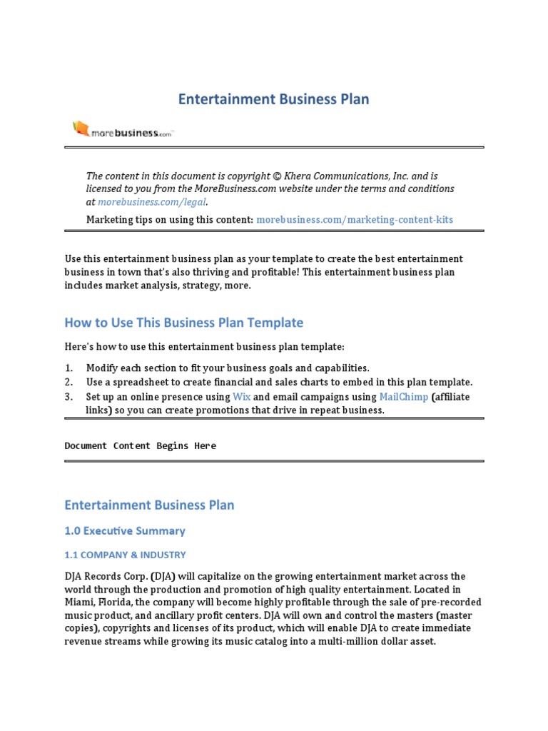 Morebusiness Entertainment Business Plan Template | PDF | Revenue ...