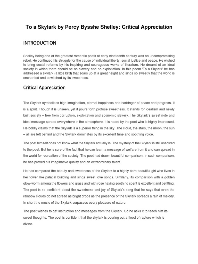 The Symbolism and Inspiration of Shelley's Skylark: An Analysis of his ...