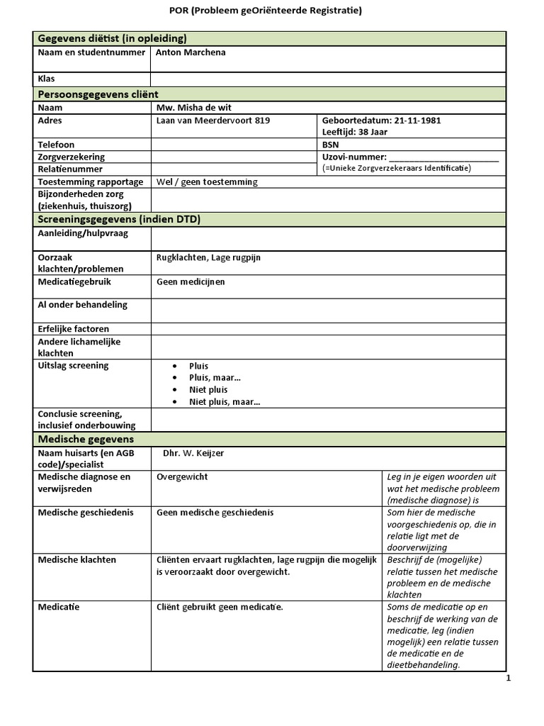POR Intake en Behandelplan Week 22 | PDF