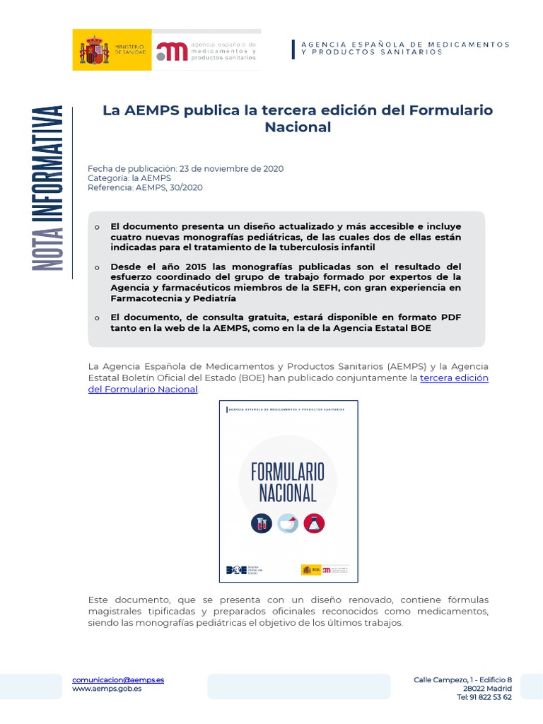 NI AEMPS 30 Tercera Edicion Formulario Nacional | PDF | Farmacia ...