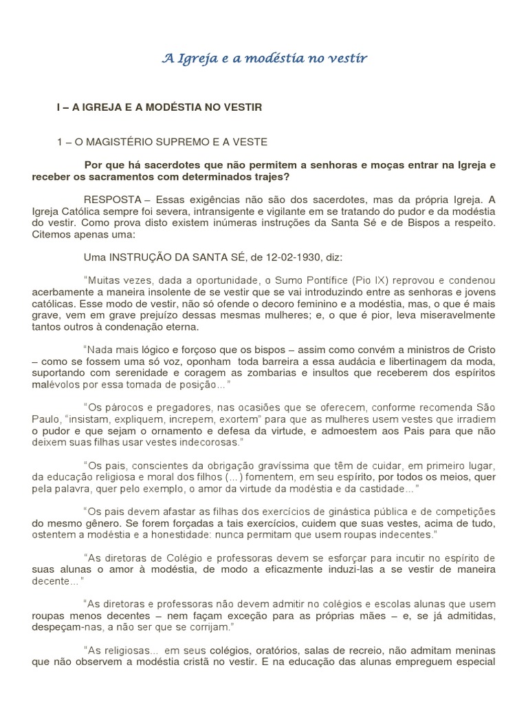 A Igreja e A Modéstia No Vestir | PDF | Igreja católica | Mulher