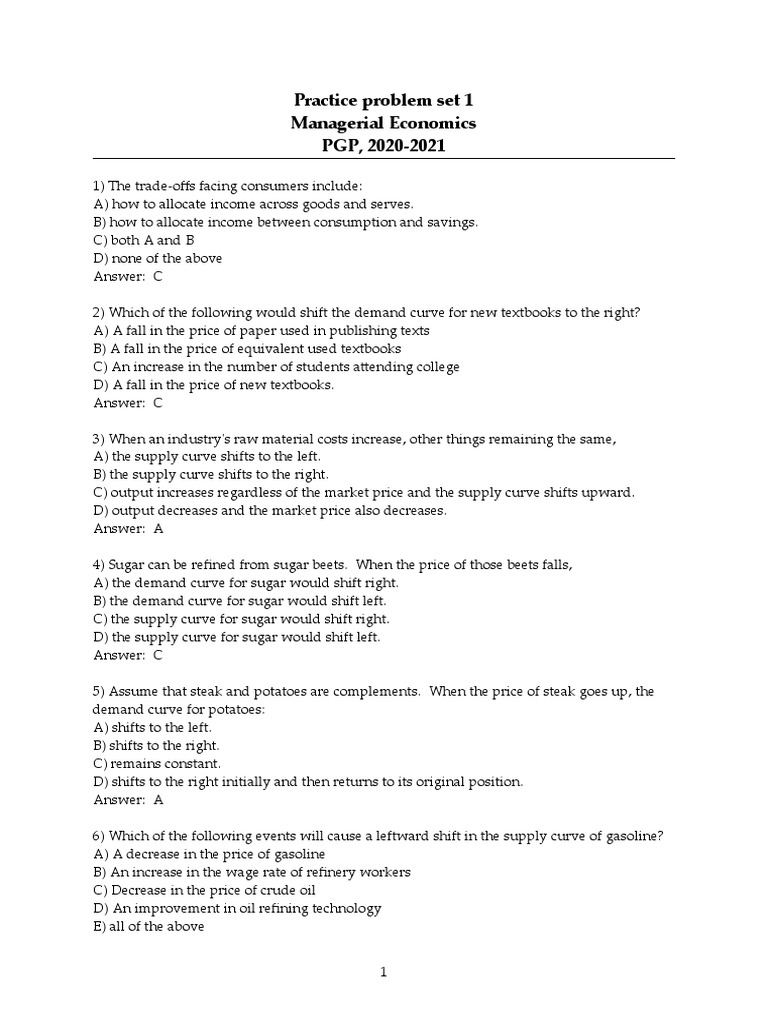 Practice Problem Set 1 With Answers | PDF | Demand | Price Elasticity ...