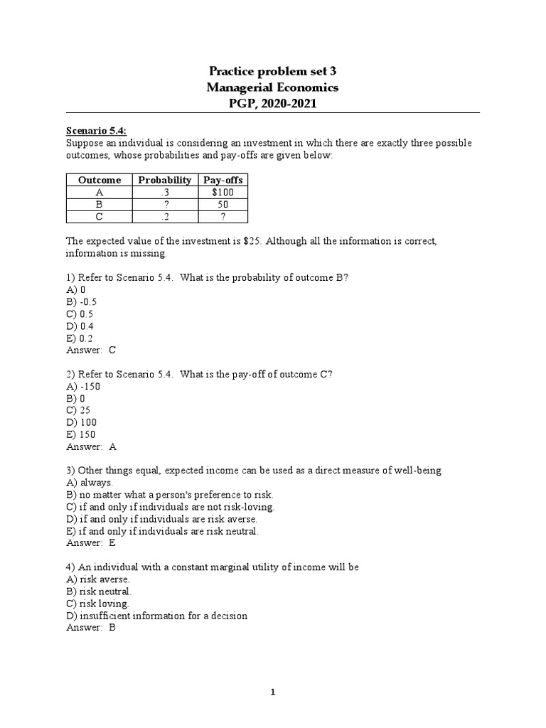 Practice Problem Set 3 With Answers | PDF | Utility | Risk