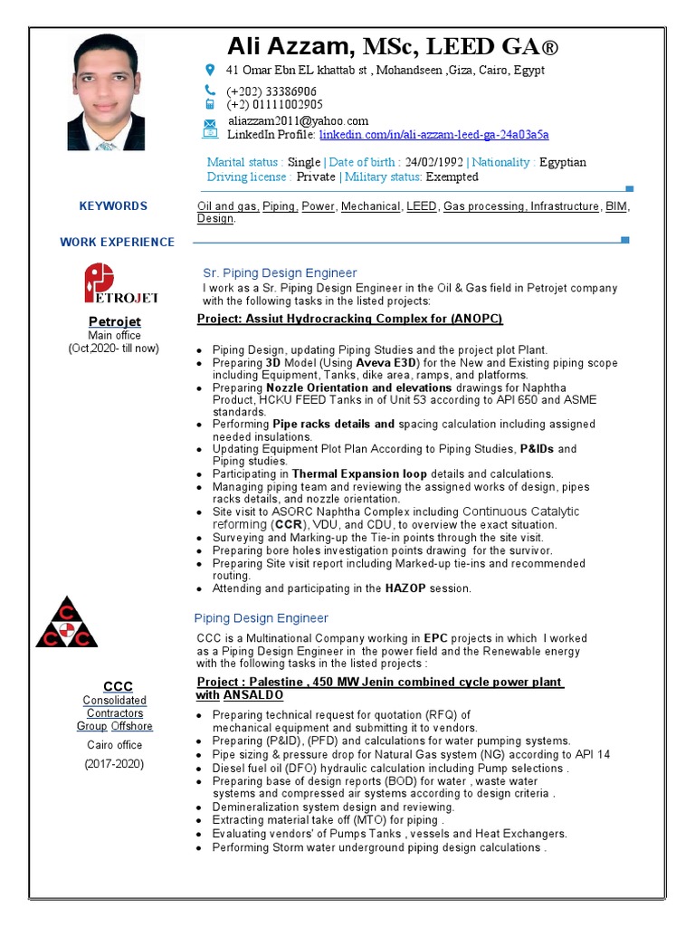 Sr. Piping Designer Ali Azzam CV | PDF | Building Information Modeling | Power Station
