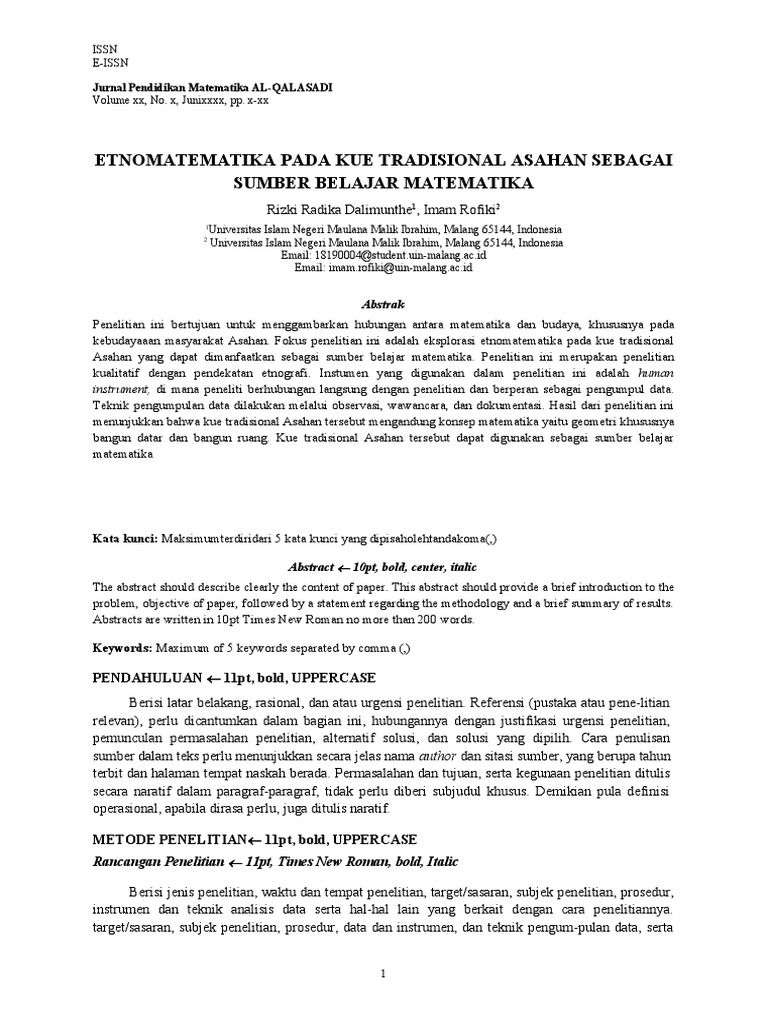 Template Jurnal Pendidikan Matematika Al-Qalasadi | PDF | Metode & Bahan Ajar