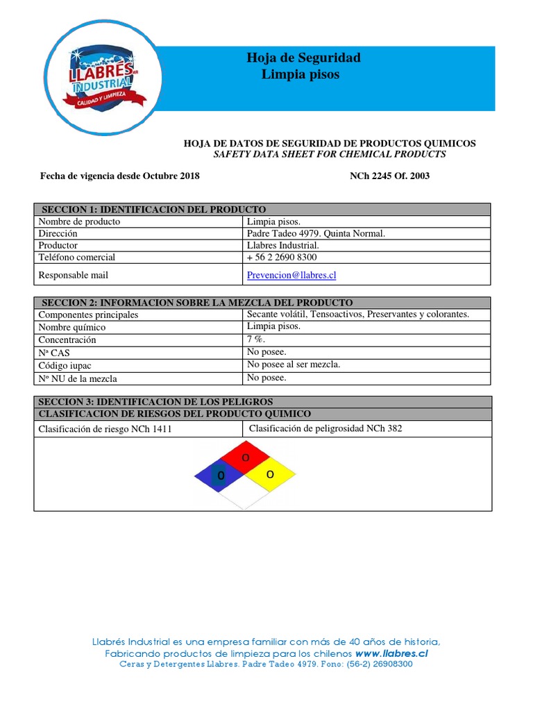 Hoja de Seguridad Limpia Pisos: Safety Data Sheet For Chemical Products | PDF | Agua | Solubilidad