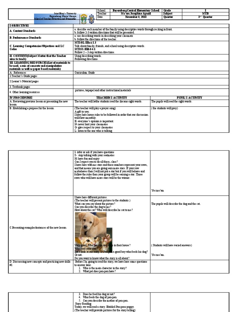 Describing Family, Pets and Following Directions: A Lesson Plan on ...