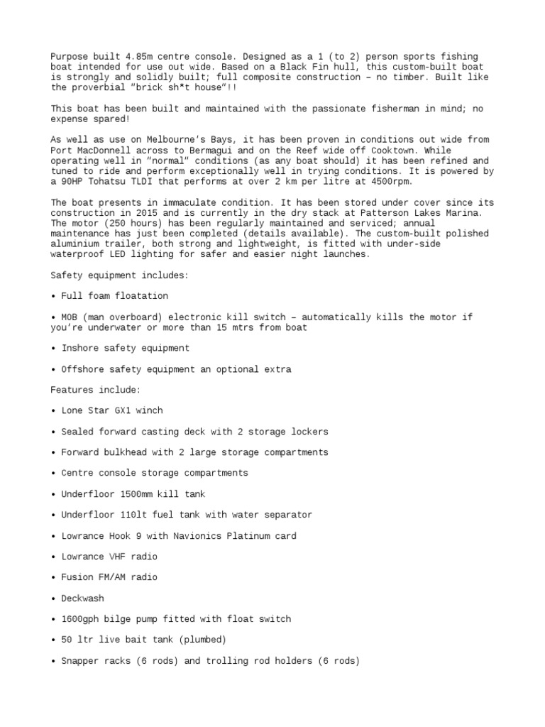 Perfect Fishing Boat Specification | PDF | Boats | Vehicles