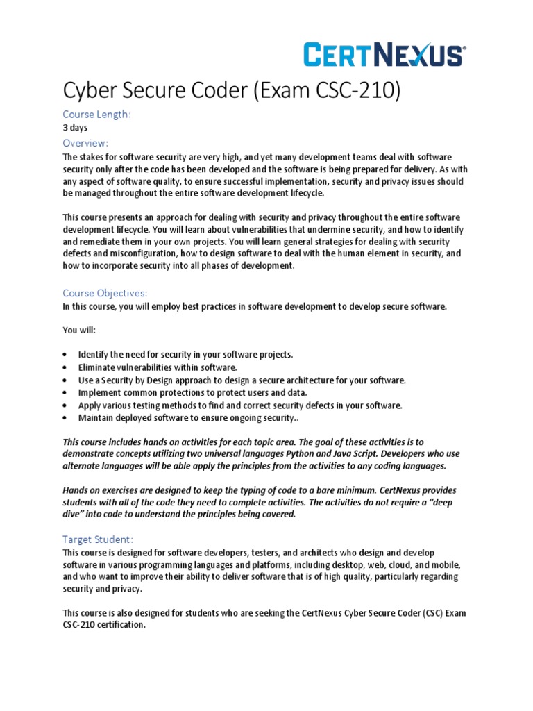 Cyber Secure Coder Exam Csc 210 Course Length Overview Pdf 64 Bit Computing Software