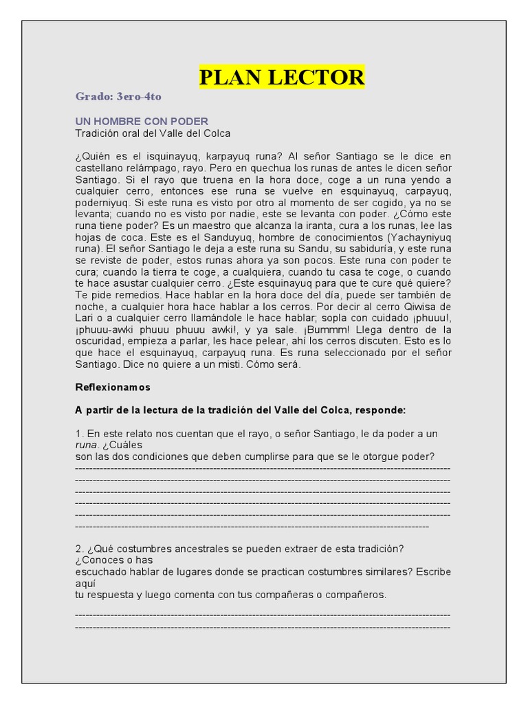 Plan Lector: Grado: 3ero-4to | PDF