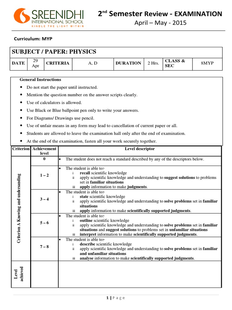 8 MYP Physics Sem 2 29 Apr 2015 v01 | PDF | Heat | Chemistry