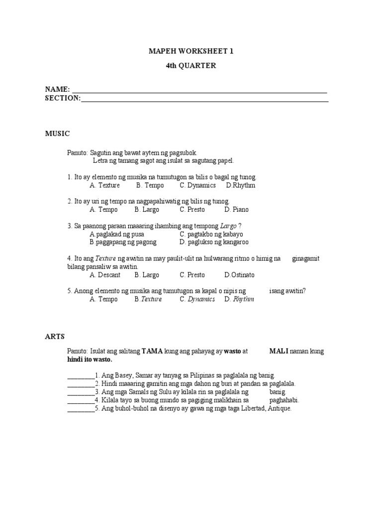 Mapeh4 q4 Worksheet 1 | PDF