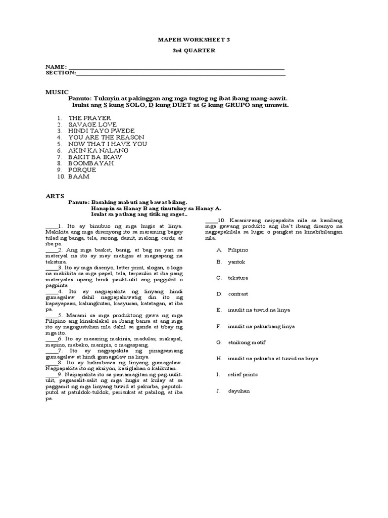 3rdquarter Mapeh Worksheet 3 | PDF
