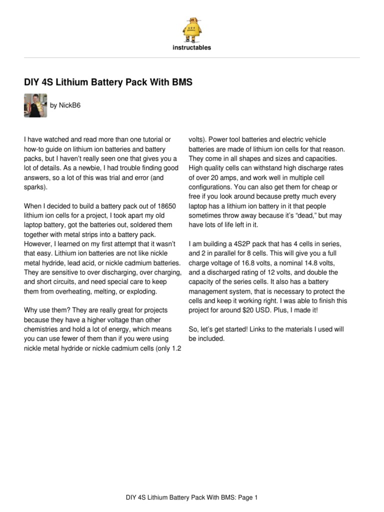 DIY 4S Lithium Battery Pack With BMS: Instructables | PDF | Battery ...