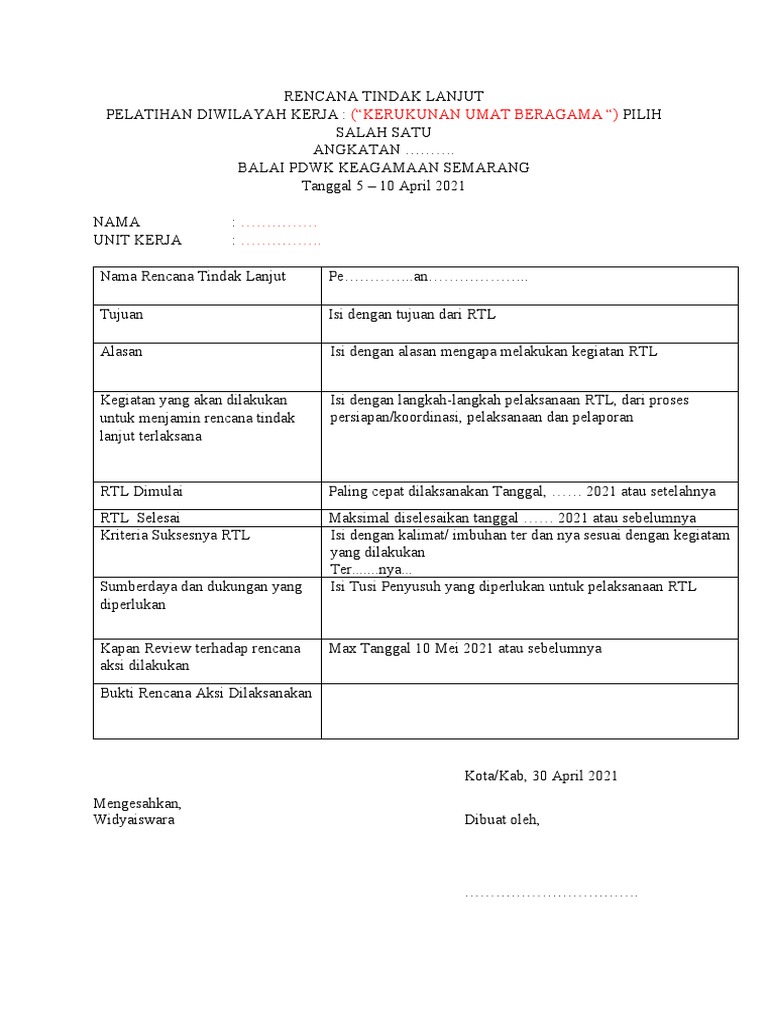 Rencana Tindak Lanjut Pelatihan Agama | PDF | Karier & Perkembangan