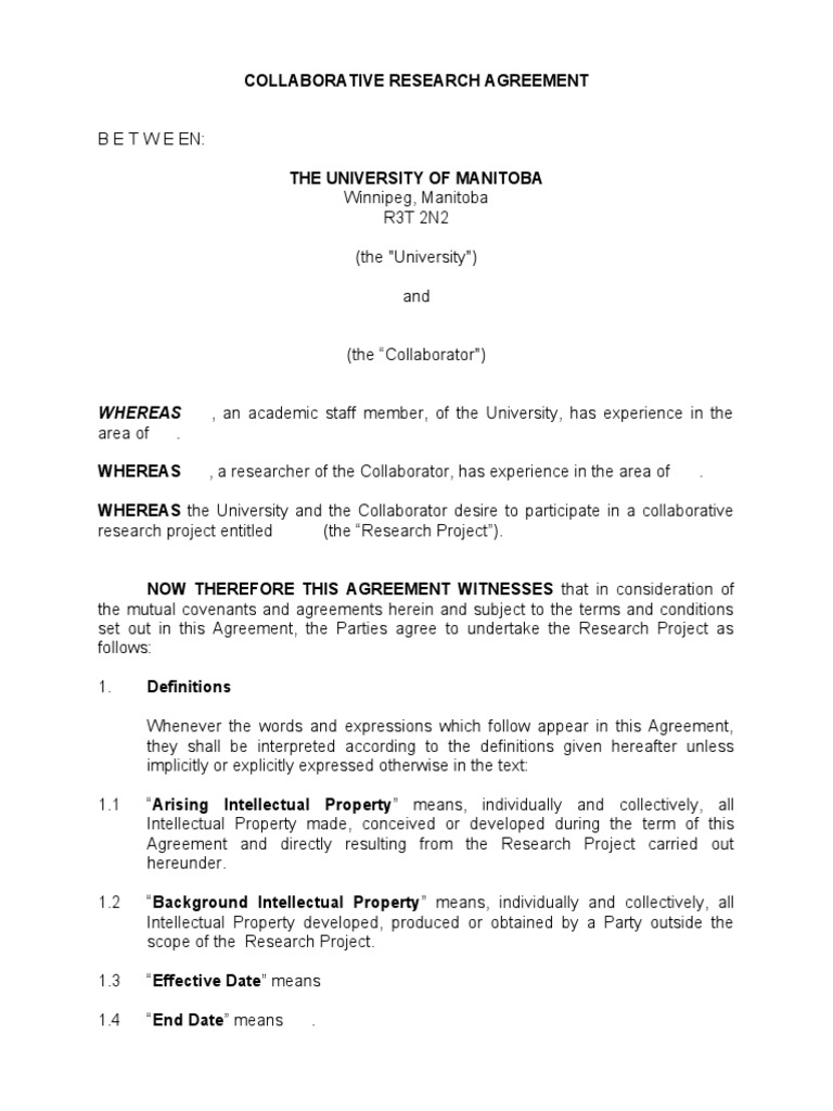 Collaborative Research Agreement Template | Download Free PDF | Indemnity | Confidentiality