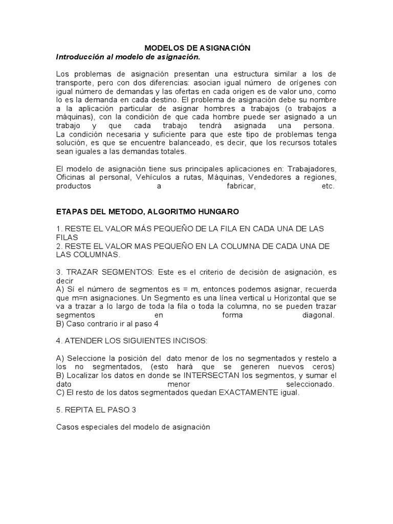 Modelos de Asignación | PDF | Matemáticas Aplicadas | Matriz (Matemáticas)