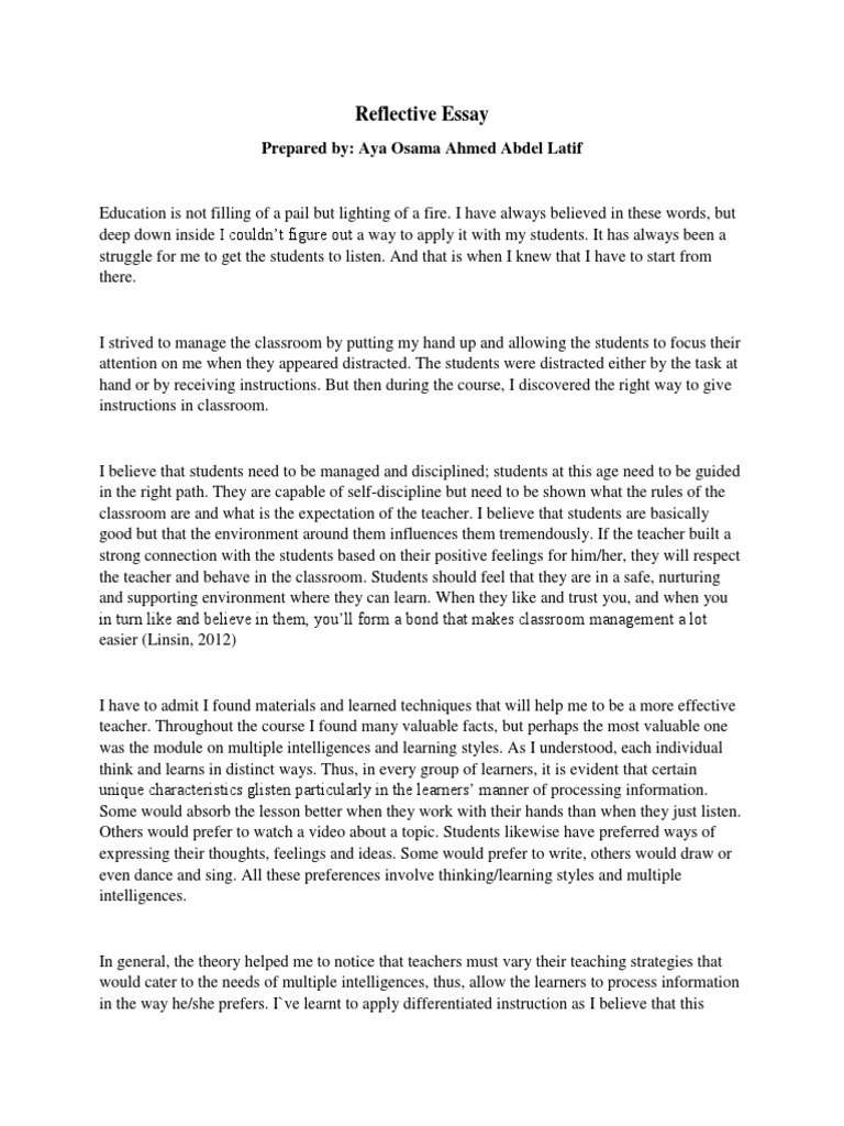 Reflective Essay: Prepared By: Aya Osama Ahmed Abdel Latif | PDF | Learning | Behavior Modification