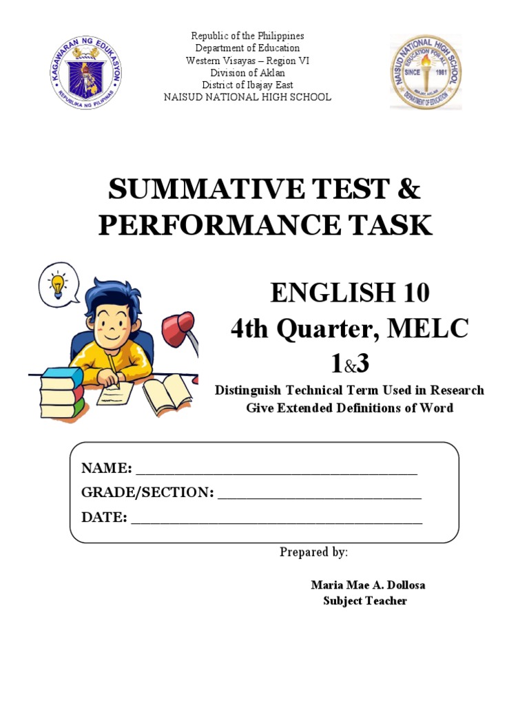 Summative Test & Performance Task: English 10 4th Quarter, MELC 1 3 ...