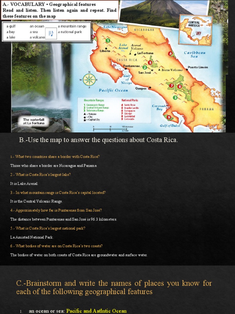 Costa Rica Geography Vocabulary and Map Questions | PDF