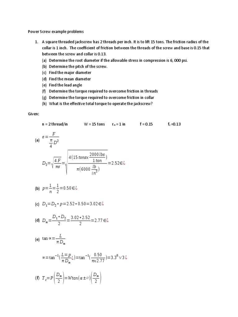 Power Screw Example Problems | PDF | Screw | Mechanical Engineering