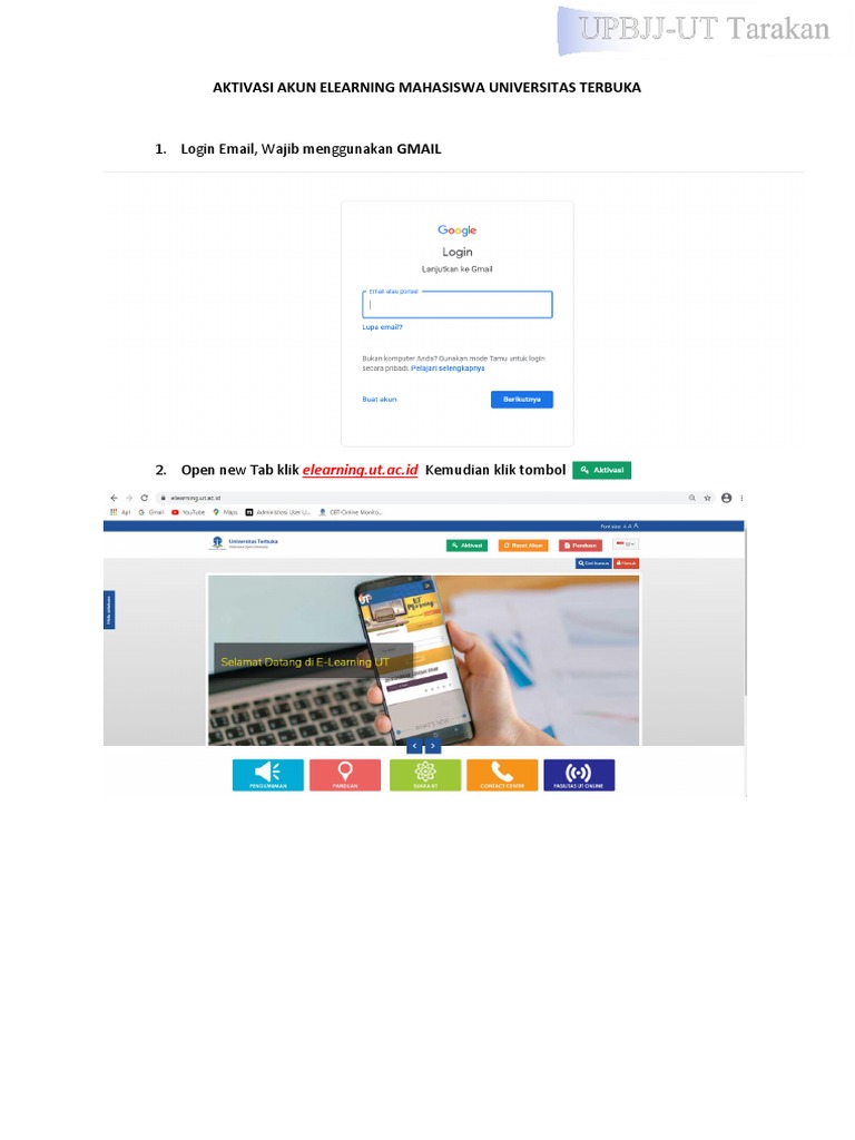 Tutorial Aktivasi Akun Elearning Universitas Terbuka | PDF