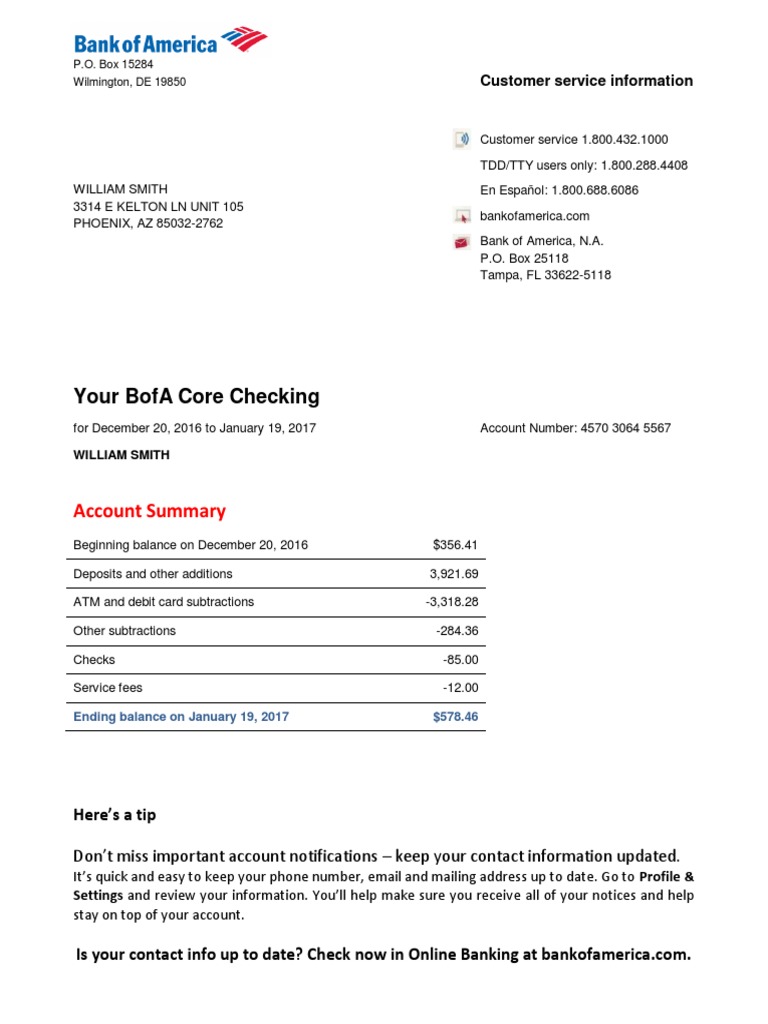Bank of America Account Statement Summary | PDF | Finance & Money ...